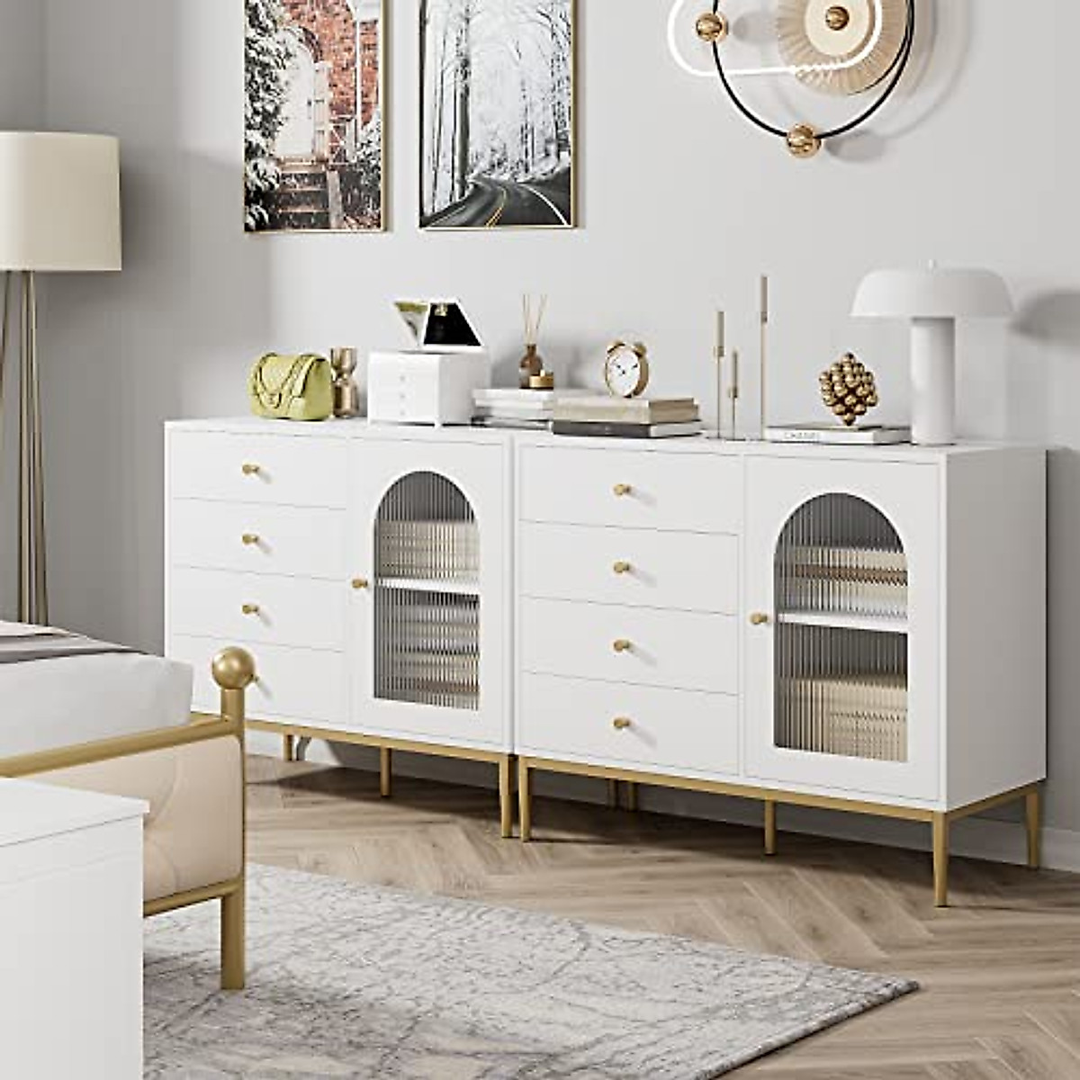 finetones White Dresser, Modern Dresser White and Gold Dresser with Waveform Glass Door and Gold Metal Legs, Gold Dresser Storage Chest of Drawers for Home