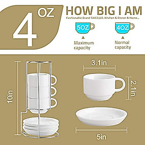 SWEEJAR Porcelain Espresso Cups with Saucers, 4 Ounce Stackable Cappuccino Cups with Metal Stand for Coffee Drinks, Latte, Tea - Set of 4 (Black)