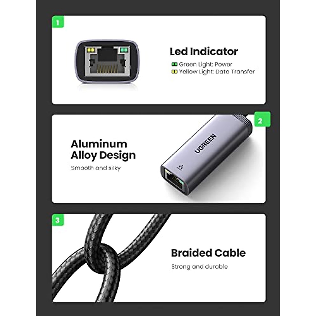 UGREEN USB to Ethernet Adapter USB 3.0 to 10 100 1000 Mbps Gigabit LAN Network Adapter RJ45 Internet Adapter Compatible with Nintendo Switch Laptop PC MacBook Surface XPS Raspberry Pi 4b, and More