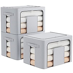 FAikhom 3 Pack Stackable Storage Bins- Foldable Metal Frame Storage Box Oxford Fabric Stackable Clothes Container Organizer with clear Window & Carry Handles (66L, Grey)