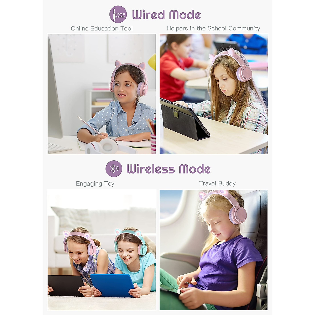 Picun Bluetooth Kids Headphones with Microphone, Cat Ear Wireless & Wired 85dB Volume Limited Multi-Function Girl Headphones, Built-in Flashing LED, Foldable for School Study Home Travel- Purple Pink