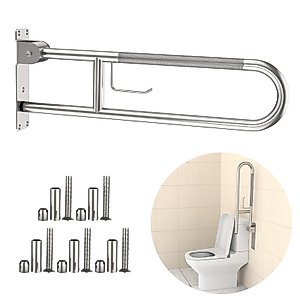 Toilet Grab Bar 30.3 Inch, YuanDe Brushed Nickel Anti-Slip Support Rail, U Shaped Flip-Up Grab Bar with Paper Holder, Stainless Steel Knurled Handicap Safety Handrails for Disabled Elderly Pregnant