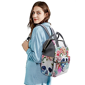 Skull and Flowers Day of The Dead Diaper Bag Backpack Large Capacity Mommy Bags Multifunction Nappy Bag Travel Back Pack Gray-Style