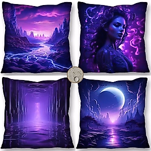 AI-Designed Moon Purple Throw Pillow Covers 50x50cm Set of 4 - Waterproof for Outdoor Use Farmhouse - for Living Room Bed Couch - Indoor Decorative Cushion Cases for Home Room Christmas Decorations