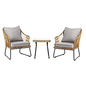 SAFAVIEH Outdoor Collection Jensen Natural Brown Rattan/Grey Seat Cushion 3-Piece Patio Lounge Bistro Set with Table (PAT9008A)