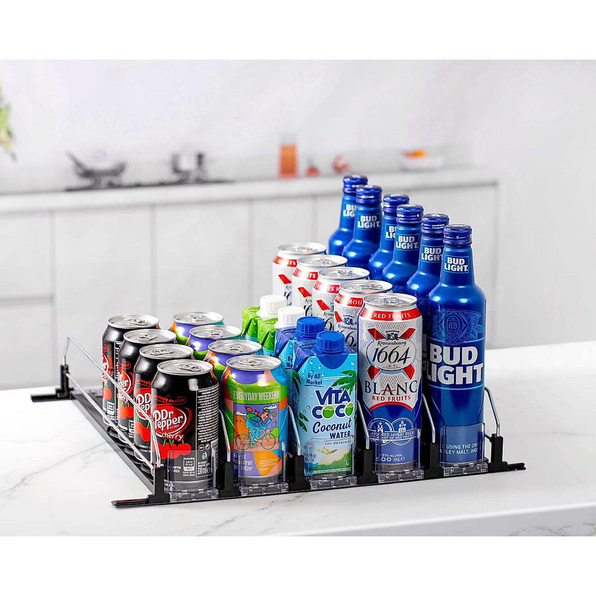 RULA Drink Organizer for Fridge, Self-Pushing Soda Can Dispenser for Refrigerator, Width Adjustable Water Bottle Pusher Glide, 16.2" D, 5 Rows, Black