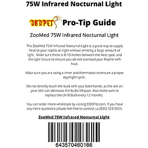 Nocturnal Infrared 75w Reptile Basking Bulb - Includes Attached DBDPet Pro-Tip Guide - Good for Night Time Heating or Basking