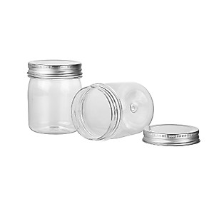 Party Club of America 16 Pack 8OZ Sliver Plastic Jars With Screw On Lids，Plastic Mason Jars Food Storage Container For Storing Dry Food, Candy, Cream,Peanut, Butter