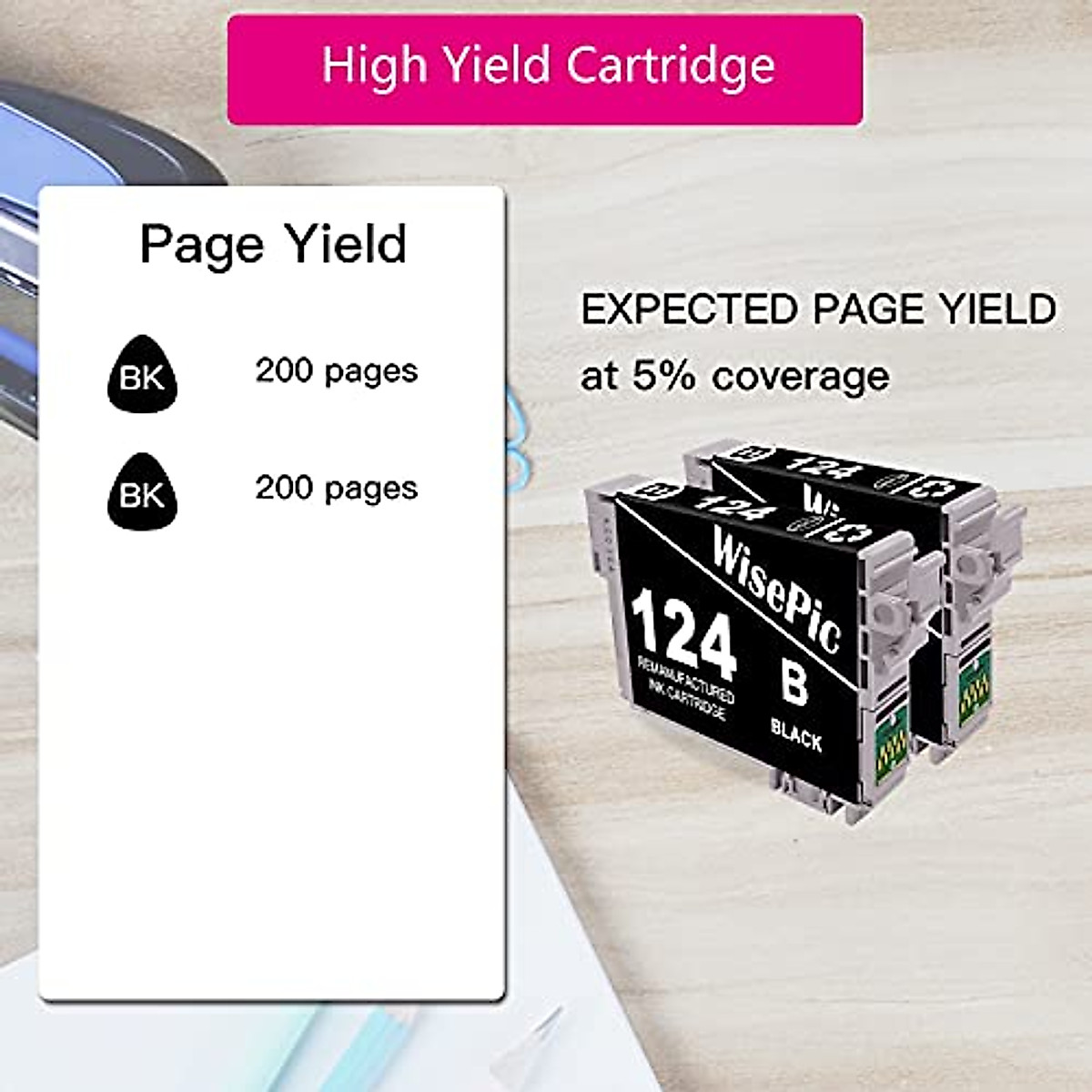WisePic Remanufactured Ink Cartridge Replacement for Epson 124 T124 to Use with Workforce 435 320 323 325 Stylus NX420 NX430 NX230 NX330 NX125 NX127 NX130 Printer (2 Black)