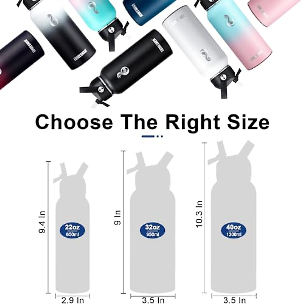 Lumesner Vacuum Insulated Stainless Steel Water Bottle,1200ml/950ml/650ml- 2 Lids (Straw Lid and Spout Lid), 2 Straws Water Bottle (40 oz, Midnight Black)