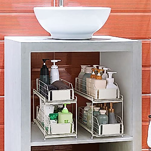 CADUKE 2-Tier Under Sink Cabinet Organizer with Sliding Basket Drawer, Bathroom Under Sink Storage Set of 2 Under Cabinet Organizers and Storage Pull Out, White Mesh Metal