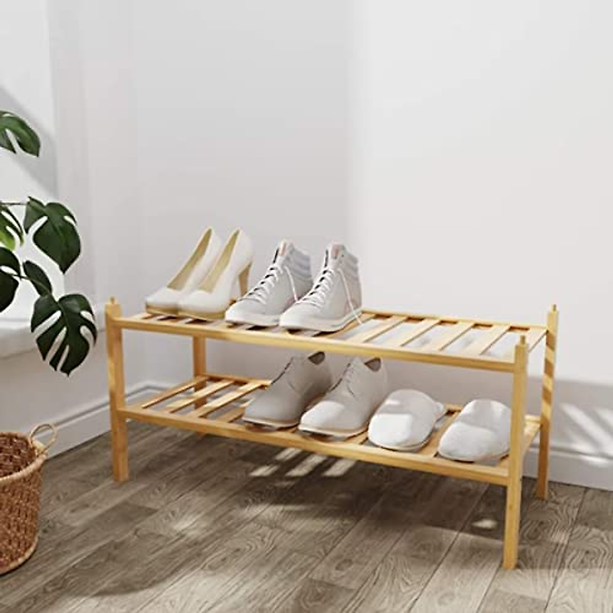 Qmkmyy Simple Narrow Wood Shoe Rack 2 Tiers for Closet Entryway Small Bamboo Free Standing Shoe Shelf Stackable Storage Organizer for Front Door