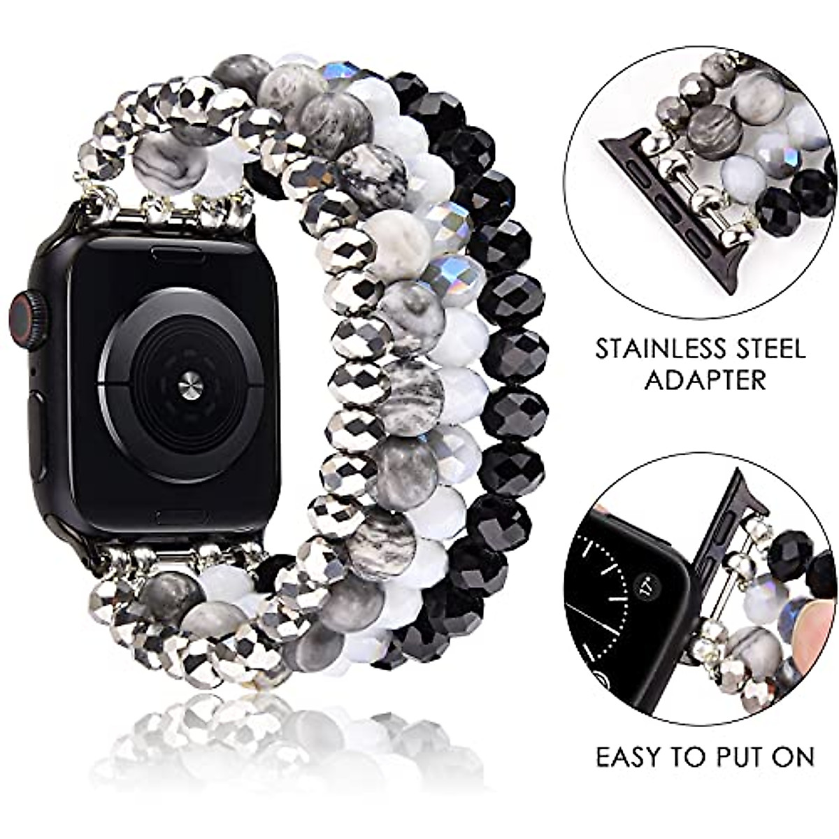 CAGOS Glitter Beaded Compatible with Apple Watch 40mm 41mm Series 8 SE/7/6/5/4 Bands, 38mm iWatch Series 3/2/1 Bracelets, iPhone Watch Band for Women (Grey/Black, 41mm/40mm/38mm)