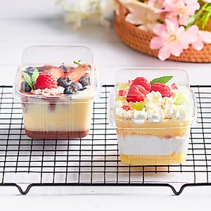 Kucoele 50 Pack 8 oz Plastic Dessert Cups with Lids and Sporks, Clear Square Cake Cups Dessert Containers for Pudding Parfait Fruit Yogurt and Shortcake