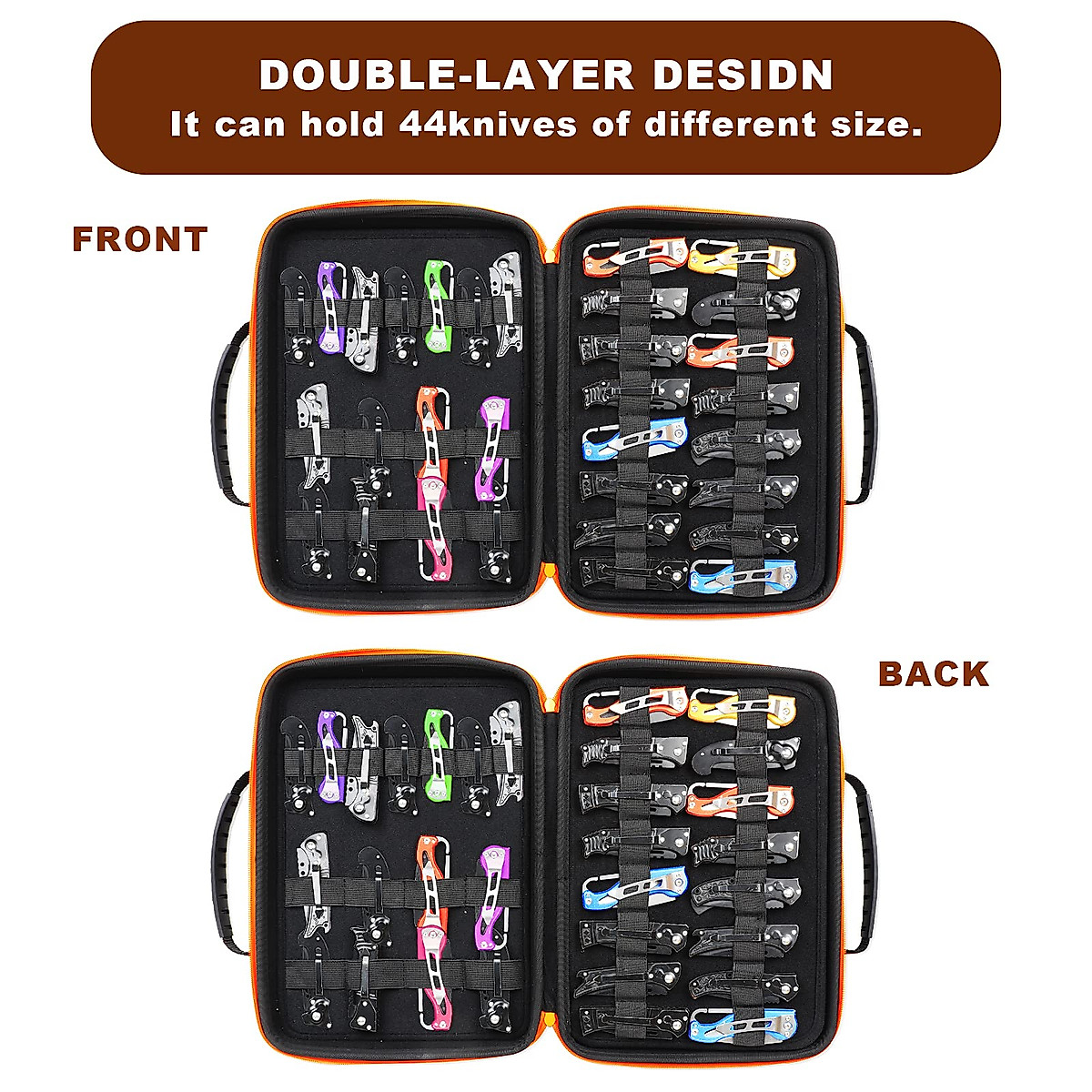 Pocket Knife Display Case, Folding Knife Holder, Mini Knives Carrying Case,Small Knife Collection Pouch Carrier Roll for Hiking,Hunting and Camping Outdoor Activities, Black & Orange, 62 Slots