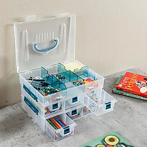 MyGift 11 Inch Clear Arts and Crafts Stackable Container, Sewing Supplies Storage Organizer Case with Blue Accents, 24 Customizable Compartments, and 6 Drawers with Removable Dividers