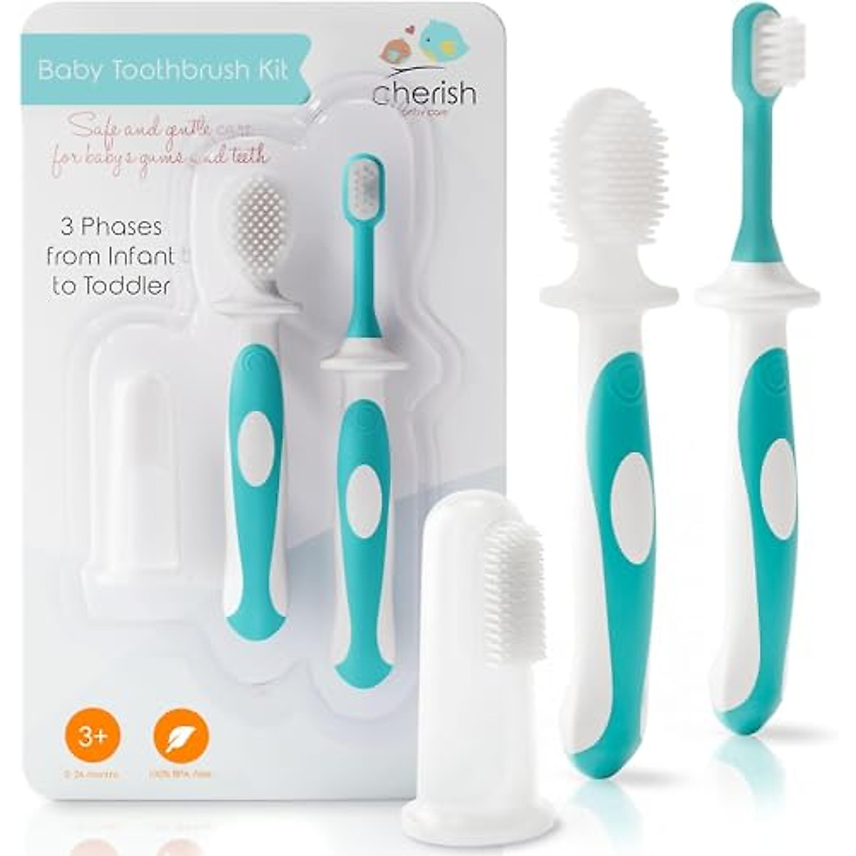 Cherish Baby Care Award-Winning Baby Toothbrush Set (3-24 months) - Baby Finger Toothbrush, Training Toothbrush & Toddler Toothbrush - BPA-Free Infant Toothbrush Set, Baby First Toothbrush Set (Teal)