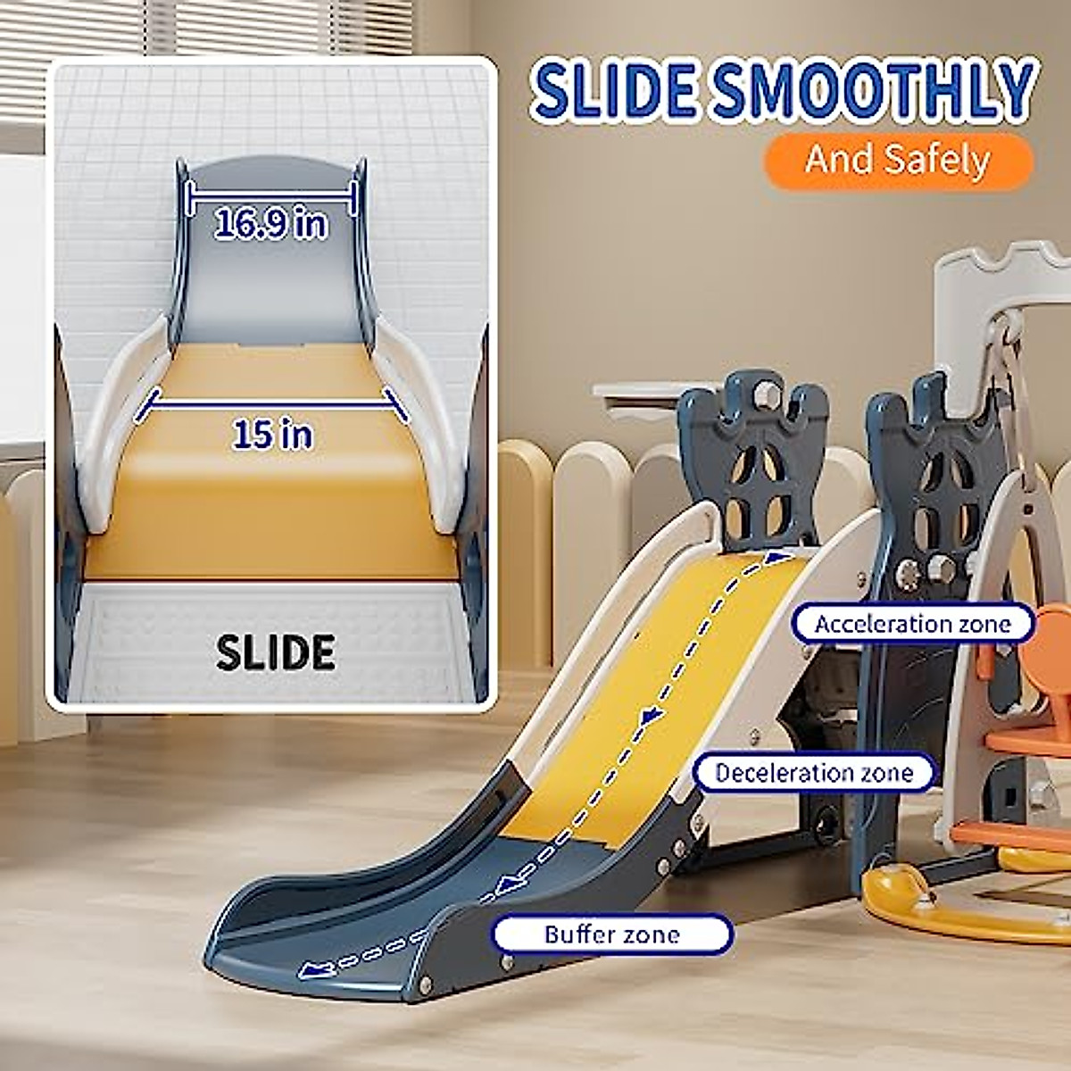 UNICOO - Toddler Slide and Swing Set, 4 in 1 Kids Indoor and Outdoor Playground Combination Climber/Slide/Swing/Basketball Hoop for Boys & Girls (Dark Blue)