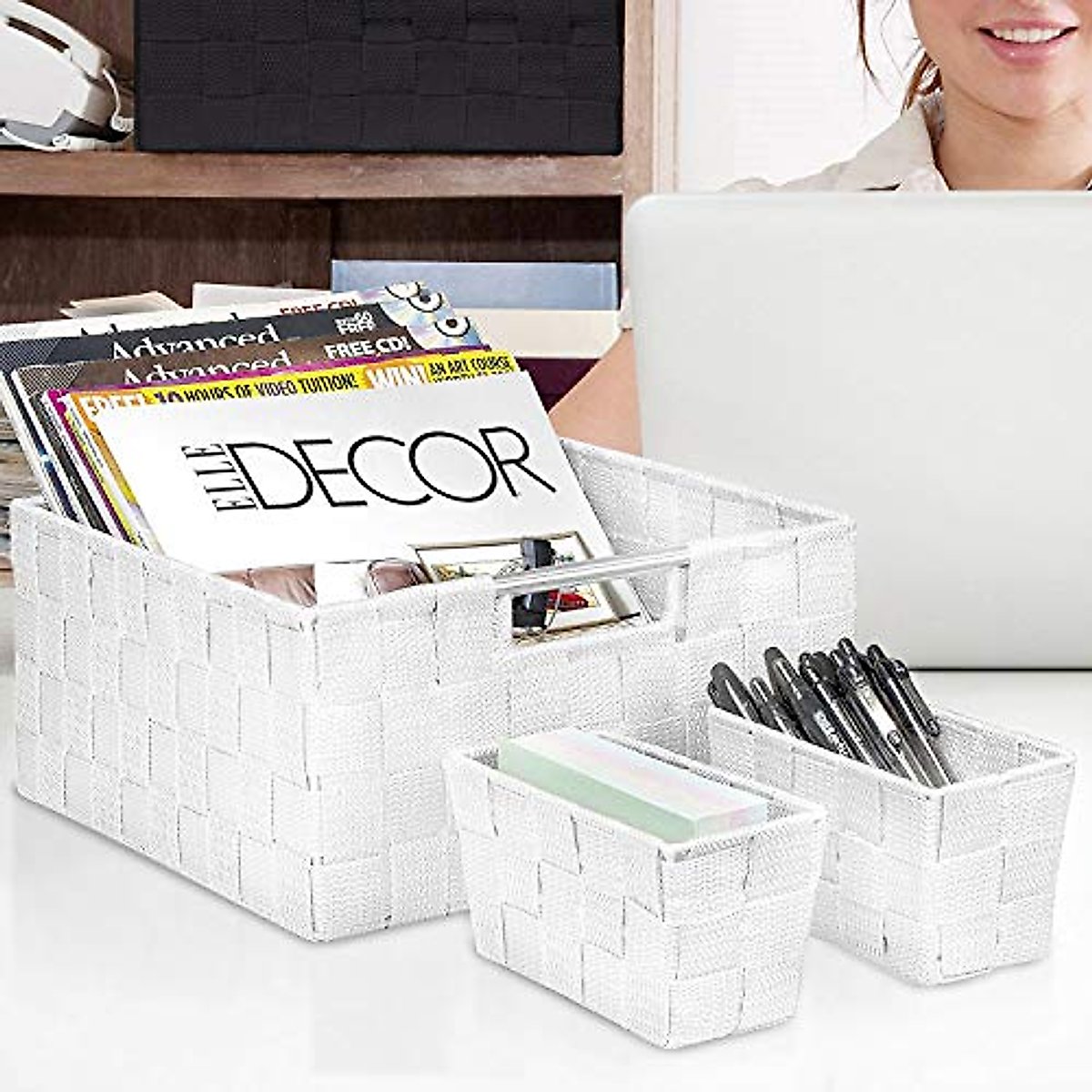 Sorbus Storage Box Woven Basket Bin Container Tote Cube Organizer Set Stackable Storage Basket Woven Strap Shelf Organizer Built-In Carry Handles (White)