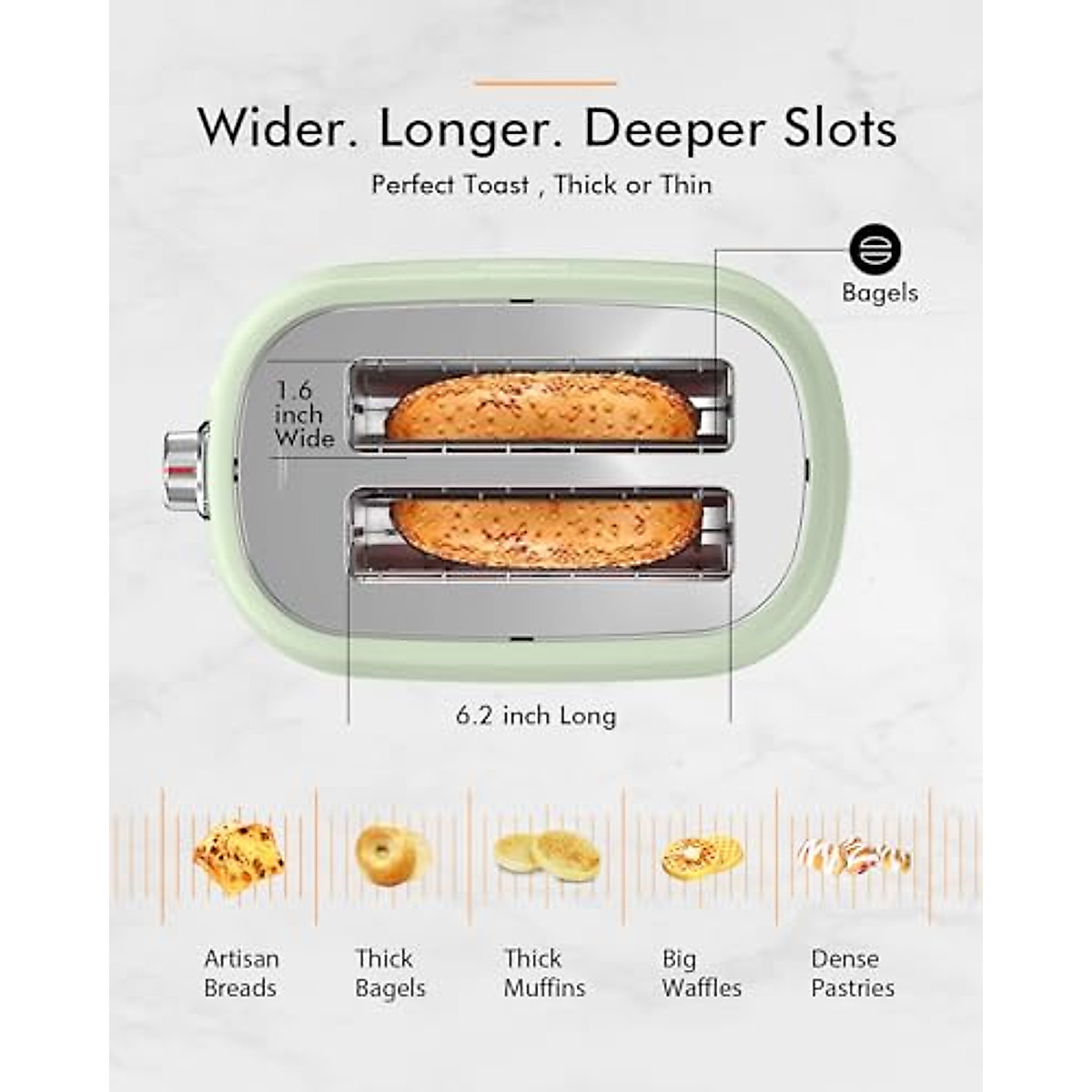 2 Slice Toaster, Wide Slots,High Lift, Auto-Off, & Frozen Modes for Toast, Bagels, Waffles & Fruity Breads, Modern Sleek Design, Easy-Clean Crumb Tray, Green