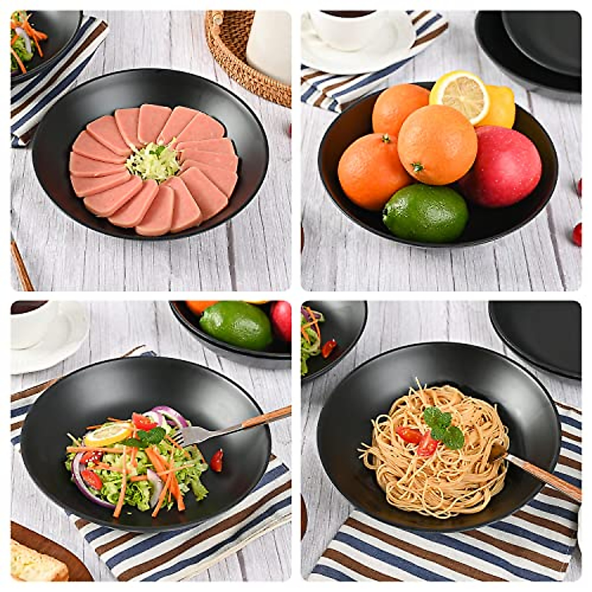 XUEJUN Bamboo Fiber Pasta Bowls 34oz, 8.5inch Pasta Bowls Set of 6, Large Salad Bowls Black Serving Bowls for Salad, Pasta, Fruits, Ice Cream, BPA free, Microwave & Dishwasher Safe