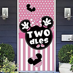 Twodles Cartoon Pink Black Mouse Dots Happy 2nd Birthday Banner Backdrop Background Backdrop Oh Twodles Theme Decor for Boy Girl Princess Birthday Party Baby Shower Supplies Favors Decorations