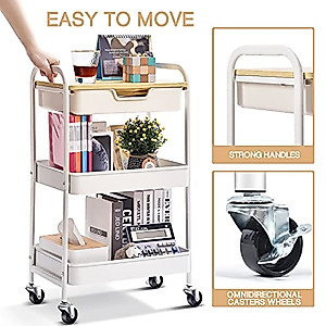 TOOLF 3-Tier Utility Rolling Cart with Wooden Board and Drawer, Metal Storage Cart with Handle, White Trolley Kitchen Organizer Rolling Desk with Locking Wheels for Office, Classroom, Home, Bedroom