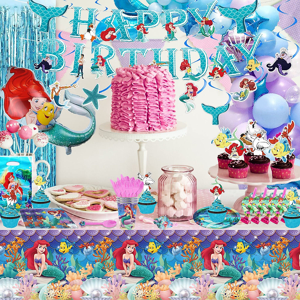 272 PCS Little Mermaid Birthday Party Supplies, Party Decorations, Ariel Birthday Decorations included Happy Birthday Banner, Balloons, Swirls, Invitation Cards, Tableware