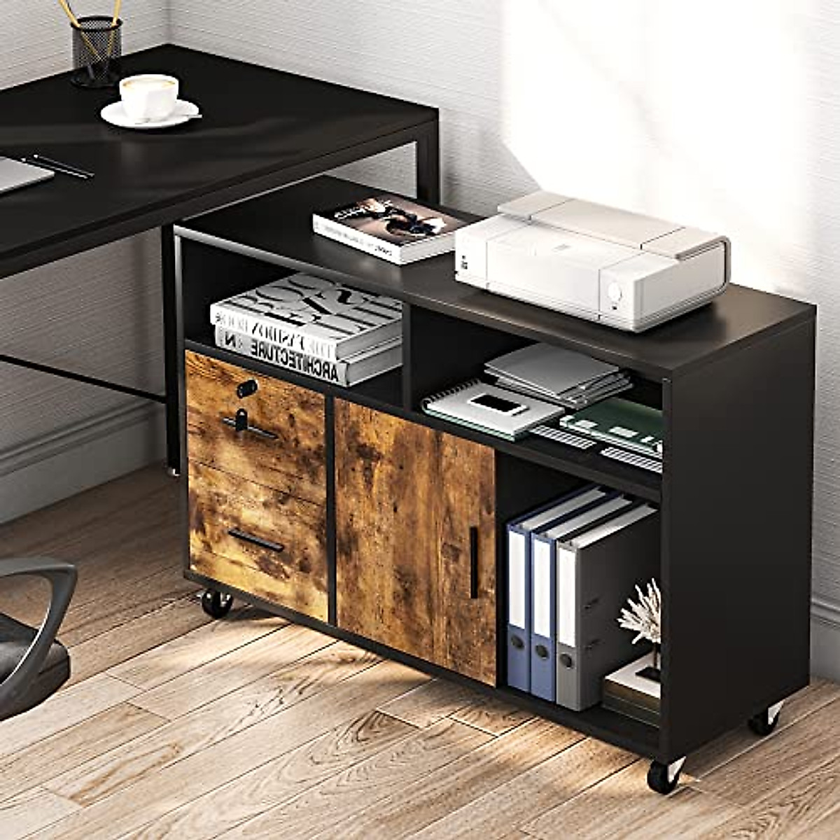 YITAHOME Wood File Cabinet, Mobile Filing Cabinet 2-Drawer Lateral File Cabinet for Letter, Legal, A4 Size, Printer Stand with Open Storage Shelves for Home Office,Black and Rustic Brown