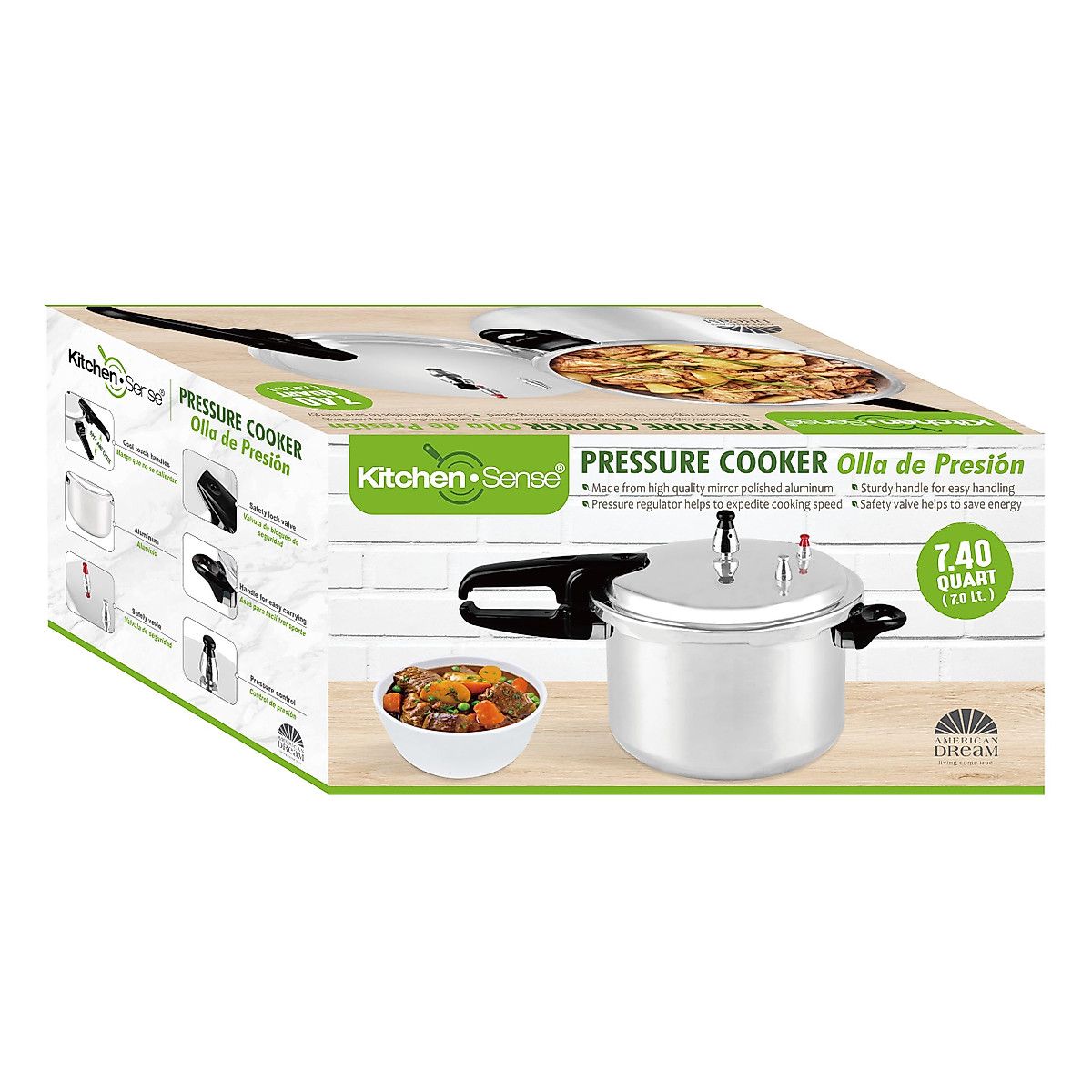 Kitchen Sense Pressure Cooker, 7.4 Quart Aluminum Stove Top Pressure Pot Cooker - Olla de Presión, Stainle steel