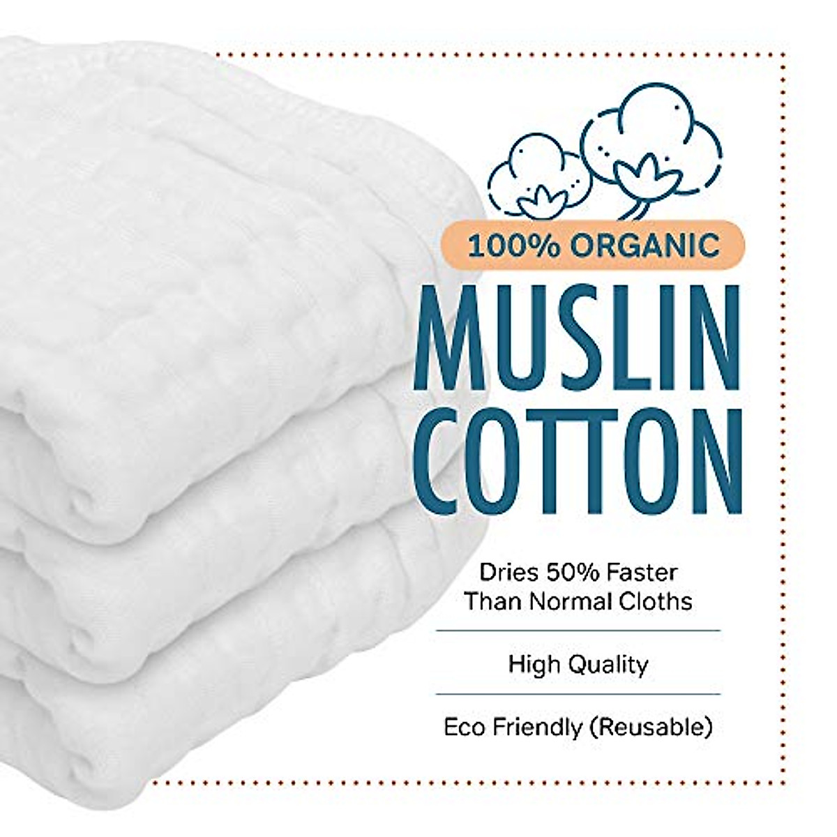 AllSett Health 10 Pack Muslin Burp Cloths Large 20" by 10" 100% Cotton, Hand Wash Cloth 6 Layers Extra Absorbent and Soft White