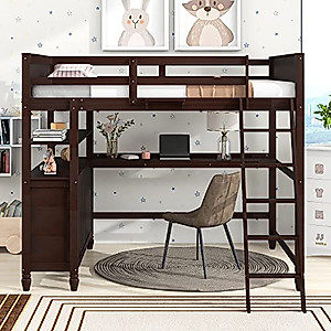 GINGVAT Full Size Loft Bed with Drawers and Desk,Wood Loft Bed with Ladder and Shelves,for Bedroom,Dorm,Apartment,Espresso