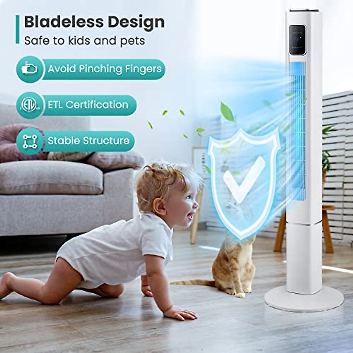 Tangkula 48" Tower Fan with Remote Control, Quiet Bladeless Household Fan w/ 3 Speeds, 3 Modes, 15H Timer & LED Display, 90° Oscillating Floor Standing Fan, Portable Circulating Fan for Home Office (White)