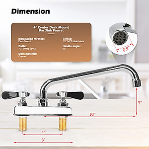 Commercial Bar Sink Faucet 4 Inch Center Deck Mount Bar Sink Faucet 2 Hole Brass Constructed & Chrome Polished with 10" Swivel Spout & Dual Lever Handles