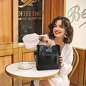 S-ZONE Women Genuine Leather Bucket Bag Shoulder Handbags Crossbody Purse Zipper with 2 Straps Medium Tote Hobo