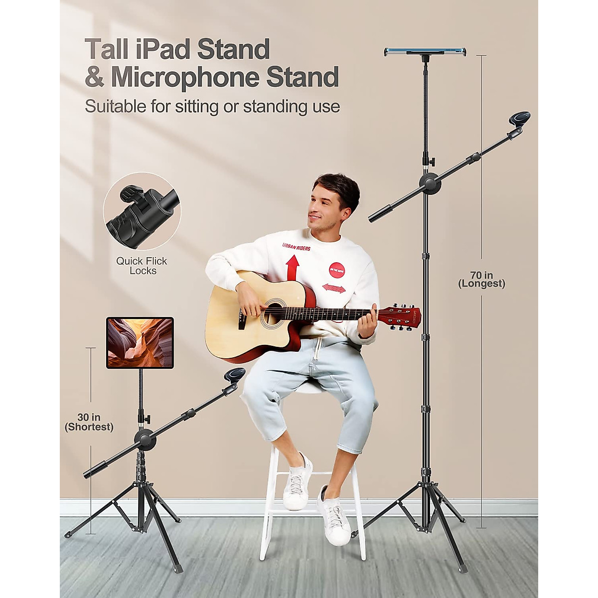 elitehood iPad Stand & Boom Mic Stand, Height Adjustable iPad Microphone Holder Stand, Tablet Microphone Tripod Stand for Singing, Compatible with iPad Pro Air Mini and 4-12.9’’ Phones & Tablets