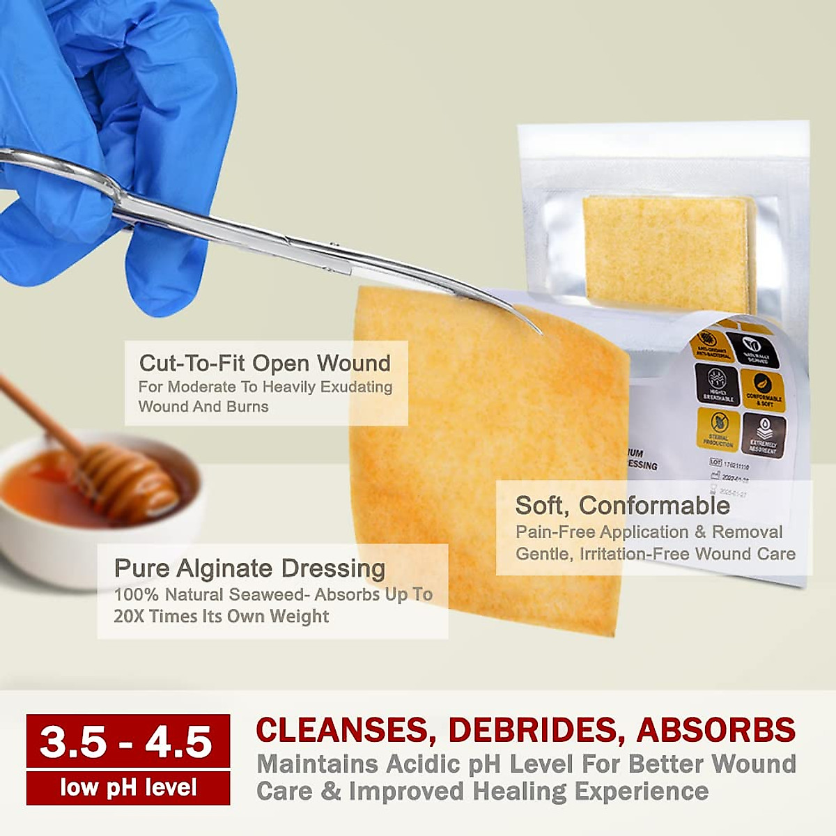 EVERLIT Honey Calcium Alginate Dressing 2” x 2” Pack of 10 | Sterile, Highly Absorbent Dressing With Pure Manuka Honey | Advanced Wound Care For Cuts, Skin Tears, Burns, Pressure Sores, Diabetic Ulcer