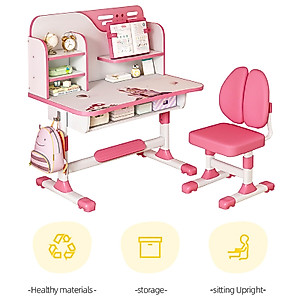 Kids Study Desk and Chair Set, Multi Functional Height Adjustable Children School Study Desk with Astronaut Pattern, Ergonomic Desk Chair with Large Writing Board, Bookshelf and Drawer (Pink)