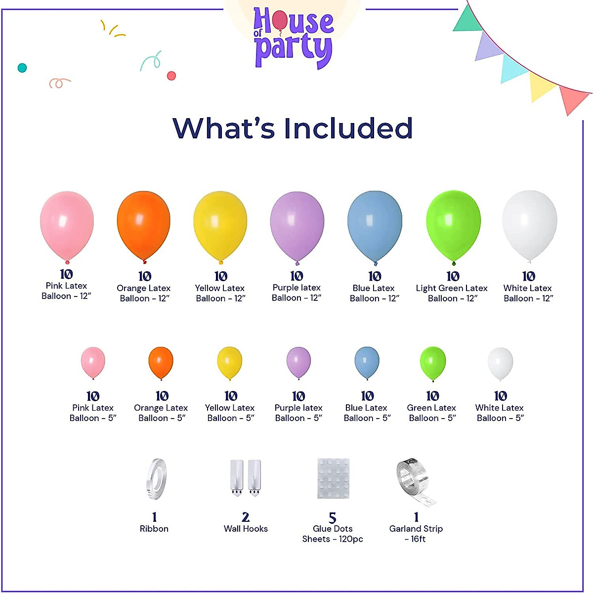 HOUSE OF PARTY Pastel Rainbow Balloons-140 Pcs, Pastel Color Balloons | Pastel Balloon Garland with Pink, Yellow, Orange, Green & White Balloons Perfect for Christmas Decor & Graduation Party