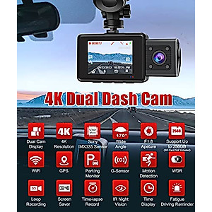LAMONKE 4K Dash Cam with GPS, Front and Inside Dual 4K/1080P Dash Camera for Cars, Dashcam with WiFi, IR Night Vision Car Camera, 24/7 Recording Parking Mode, G-Sensor, WDR, 256GB Supported