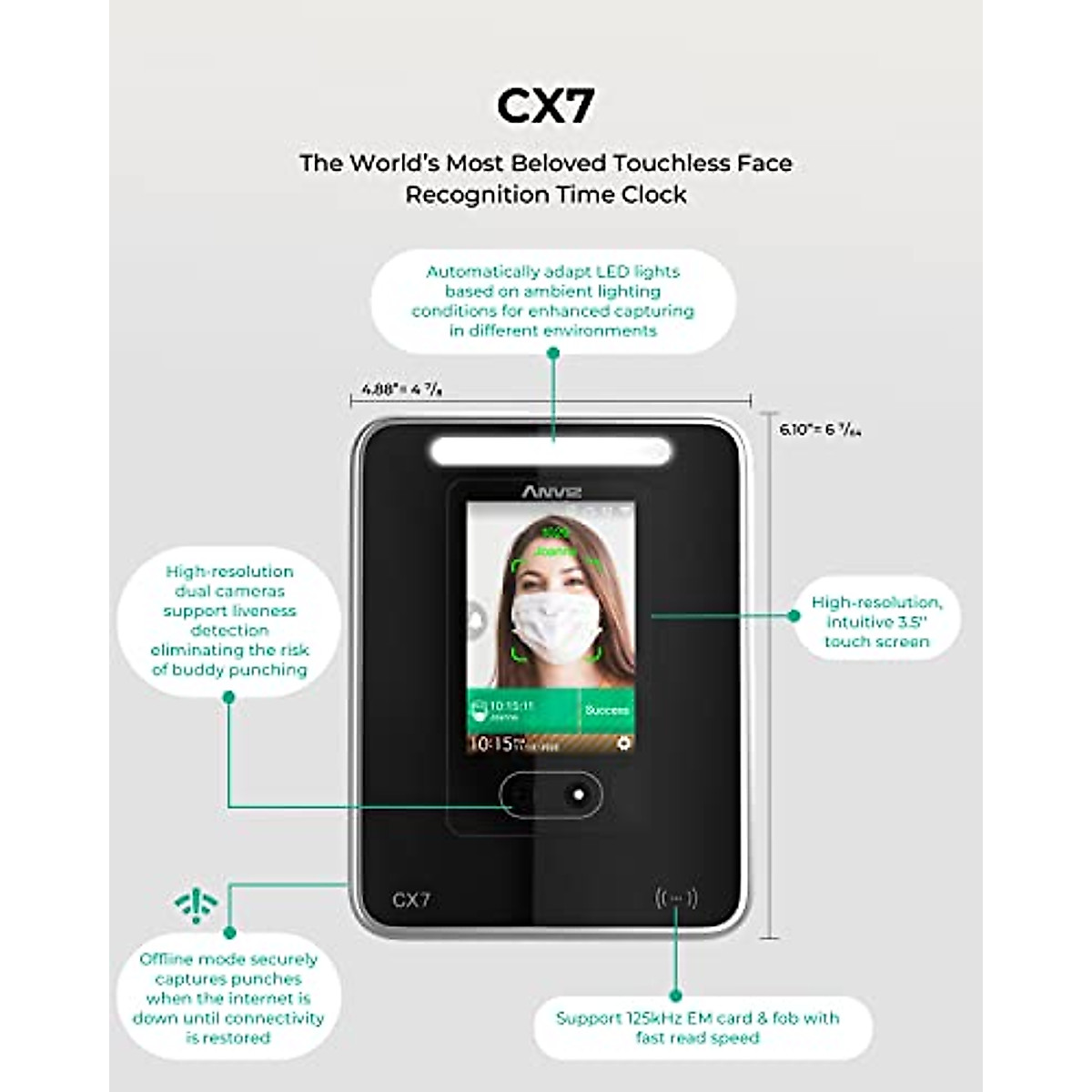 ANVIZ Time Clock - CX7 Face Biometric Time Attendance Machine for Employees Small Business - Face + RFID + Pin Punching in one, Support Door Access, Up to 1,500 Users with Professional Cloud Software