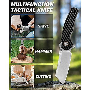 CJRB Crag Tactical Knife,Cleaver Pocket Folding Knife with Stonewash AR-RPM9 Steel Blade and Carbon Fiber Handle for Men Outdoor, Survival, Camping and EDC Black (J1904R)