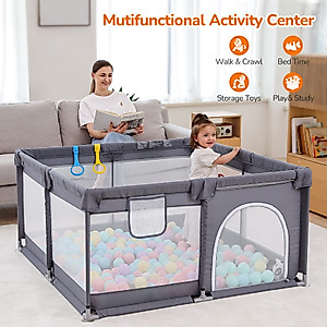 Baby Playpen, Baby Fence with Gates, Playpen for Babies and Toddlers, Playards with Pull-up Rings, Visible Mesh, Safe Anti-Fall Sturdy Baby Play Area, Waterproof Oxford Cloth 50x50"