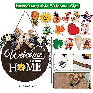 Interchangeable Welcome Sign Front Door Decoration,containing 14 signs. Family Porch Suspension Welcomes Round Wood Decoration. Welcome Sign diameter 12.6 Inch (Black)