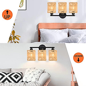 3-Light Black Bathroom Light Fixtures,Modern Rattan Bathroom Vanity Light Over Mirror,Rustic Bath Wall Mount Lights Fixtures with Boho Woven Wicker Lampshade,Farmhouse Wall Sconces Lamp for Bedroom