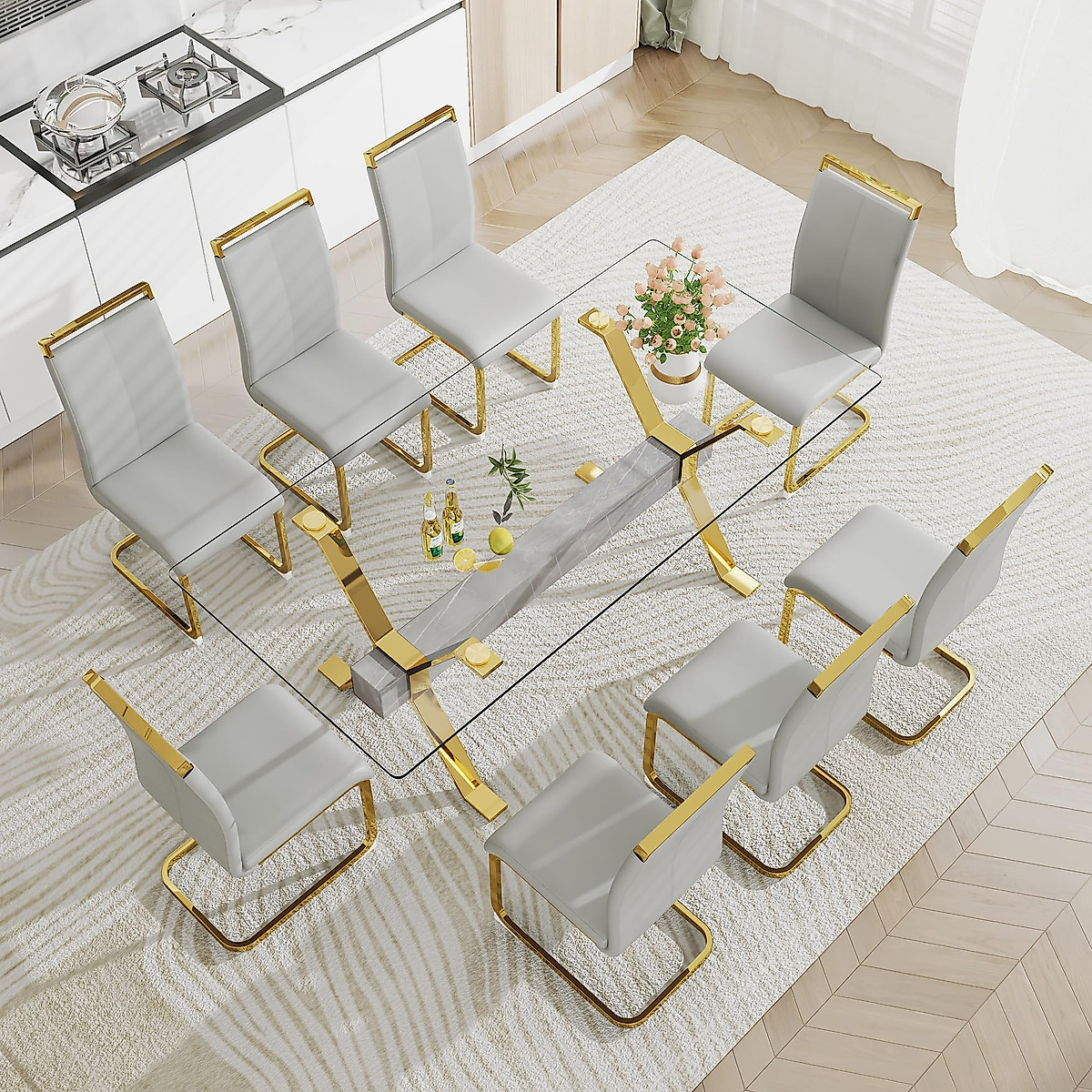 HAIZAO 79 inch Glass Dining Table Set for 8, Tempered Glass Tabletop with Golden Plated Metal Legs & Grey MDF Crossbars, PU Faux Leather Chairs with Golden Metal Legs, for Kitchen, Light Grey