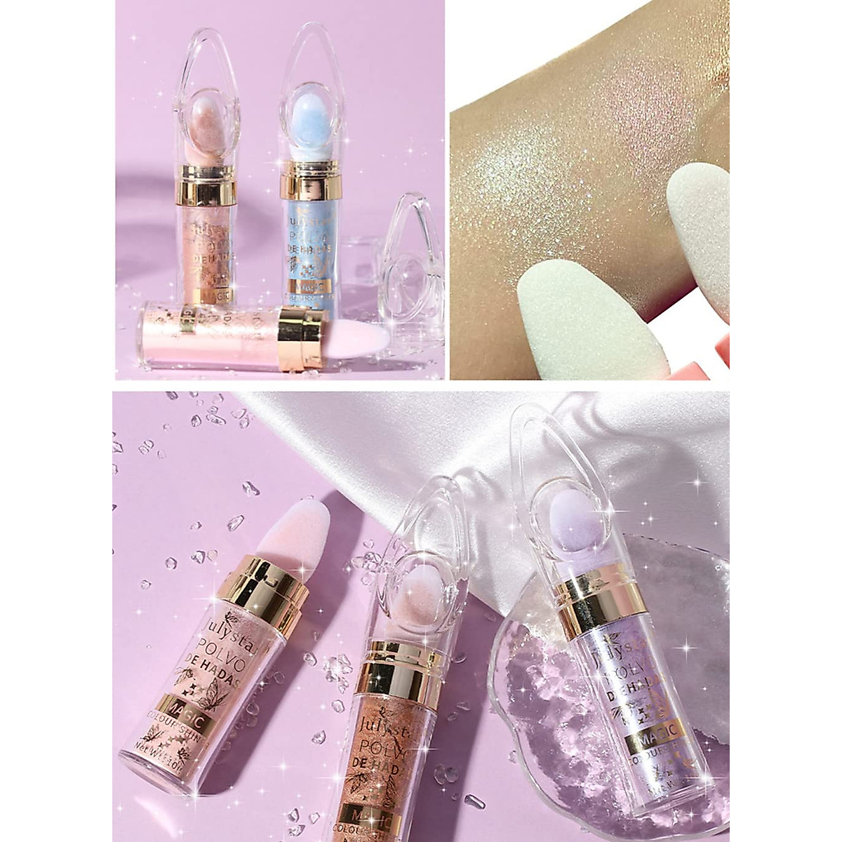 Go Ho White Glitter Powder Highlighter Makeup,Patting Highlight Powder with Sponge Head,Fine Shimmer Face Blush Powder Shinning Looking,Highlighter Powder Puff Stick for Body and Hair,#01