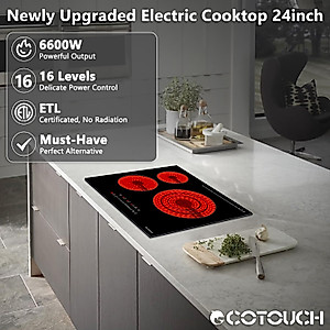 Electric Cooktop 24 Inch, ECOTOUCH Built-in Electric Stove Top 3 Burner Cooktops, ETL & FCC Certificated Glass Radiant Electric Stovetop 6600W, Upgraded 16 Power Levels, 220-240V for Hard Wire
