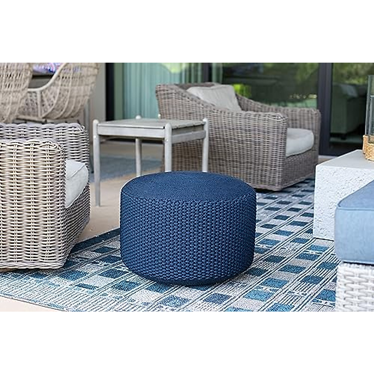 BIRDROCK HOME Outdoor Pouf Ottoman | Hand Woven Waterproof Foot Stool with Bead Bag Filling | Boho Foot Rest for Patio, Living Room, Porch & Outdoor Seating | Lightweight, Soft Stuffed Chair | Navy