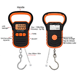 UNIWEIGH Digital Fishing Scale with Lip Gripper,Tape and Ruler,110lb/50kg Postal Hanging Luggage Scale with Hook，Waterproof Handing Scale for Home and Outdoor(Orange)